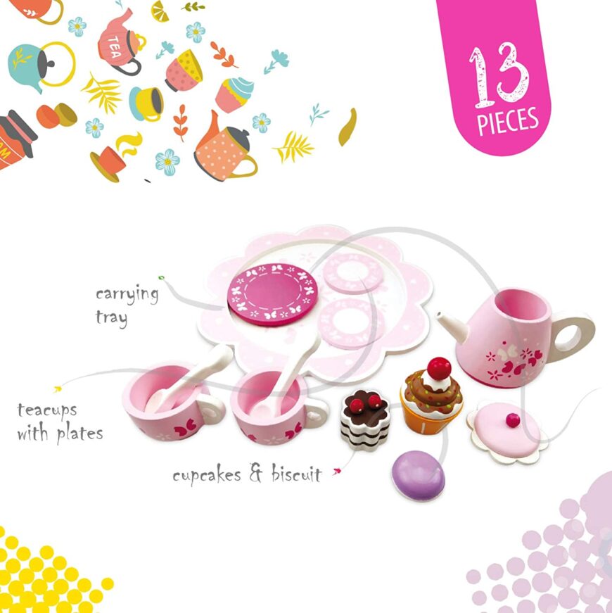Tea Party Hard: 13 Pc Wooden Tea Set Toy with Tea Pot, Carrying Tray ...