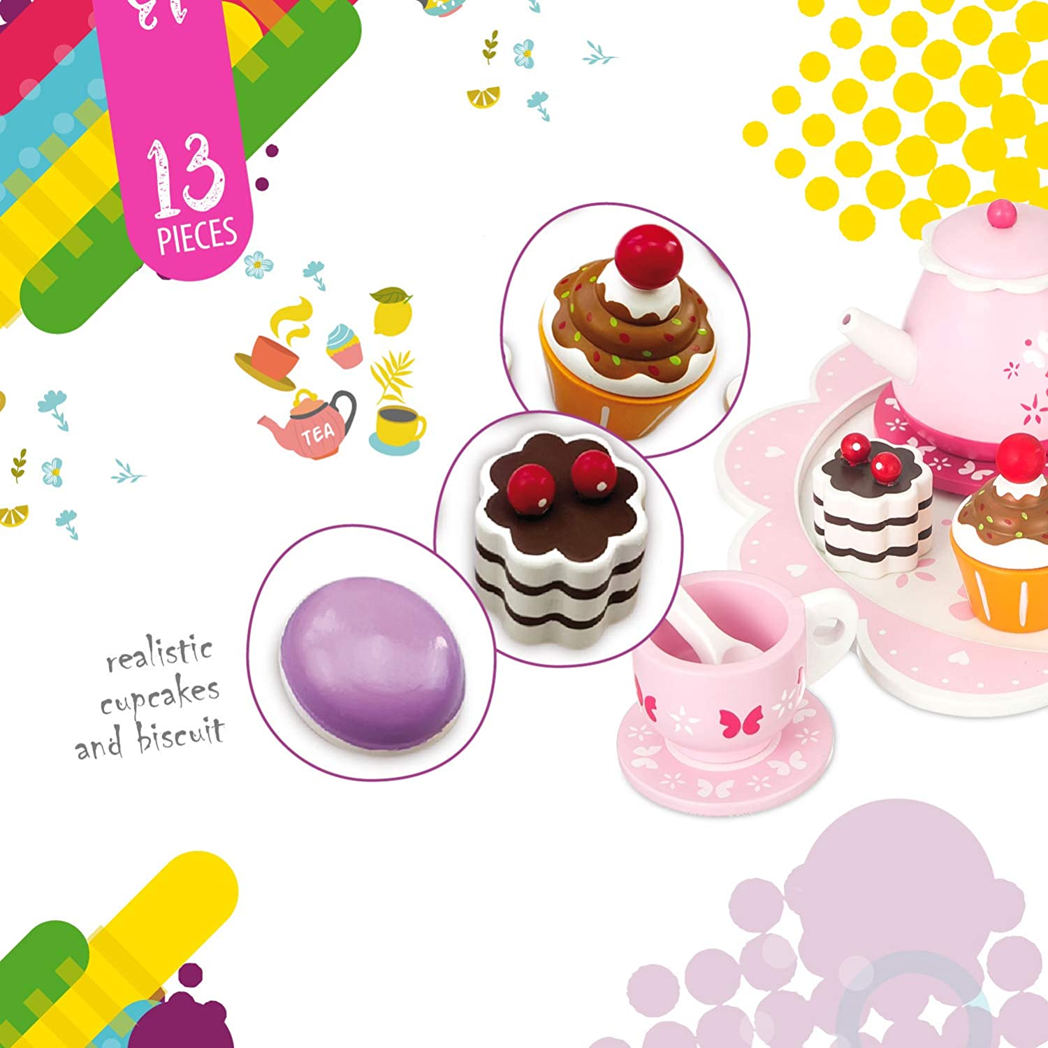 Tea Party Hard: 13 Pc Wooden Tea Set Toy with Tea Pot, Carrying Tray ...