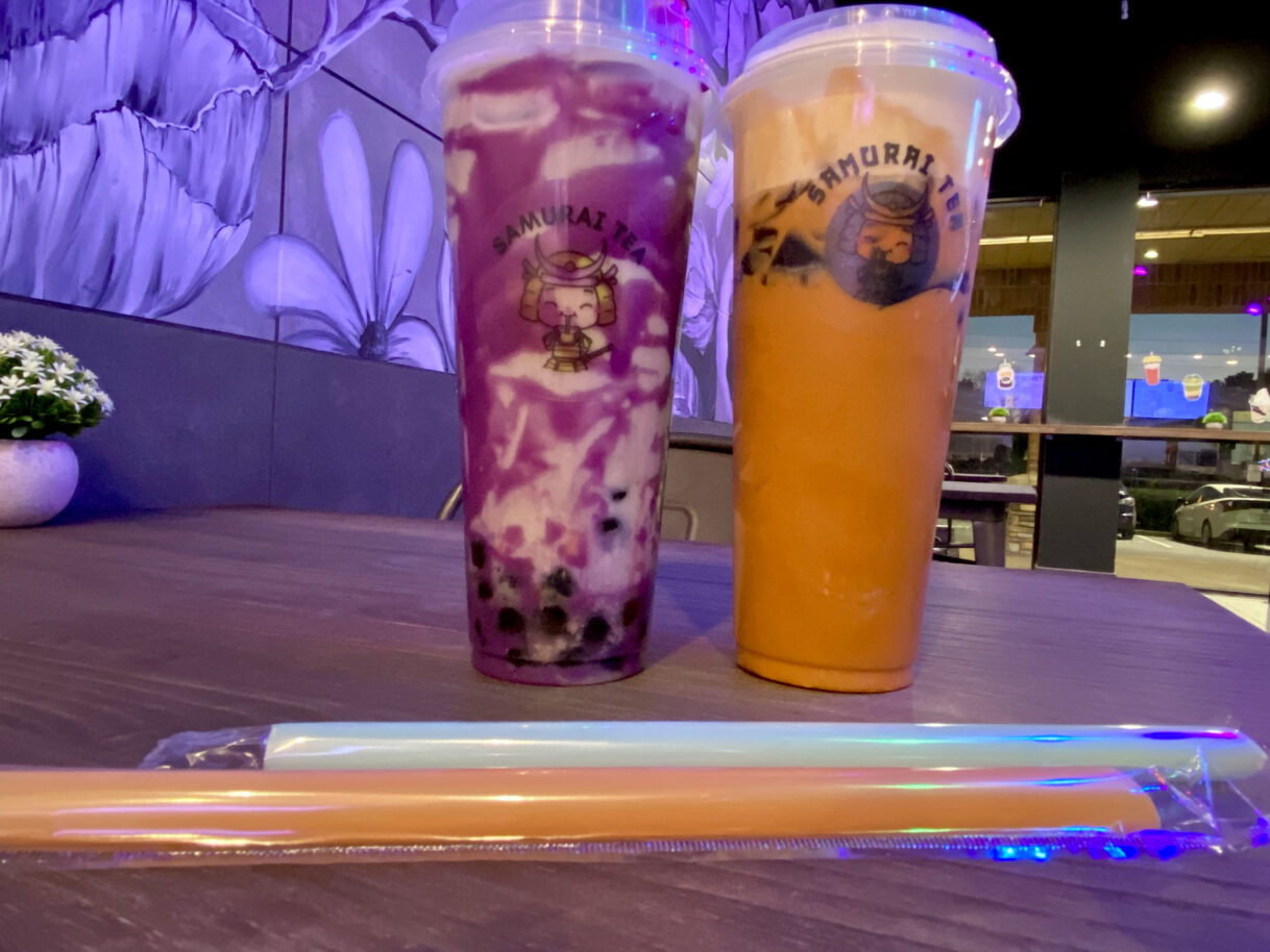 “Sasuke” Ube Swirl Taro Milk Tea and Thai Milk Tea with Cheese Foam and ...