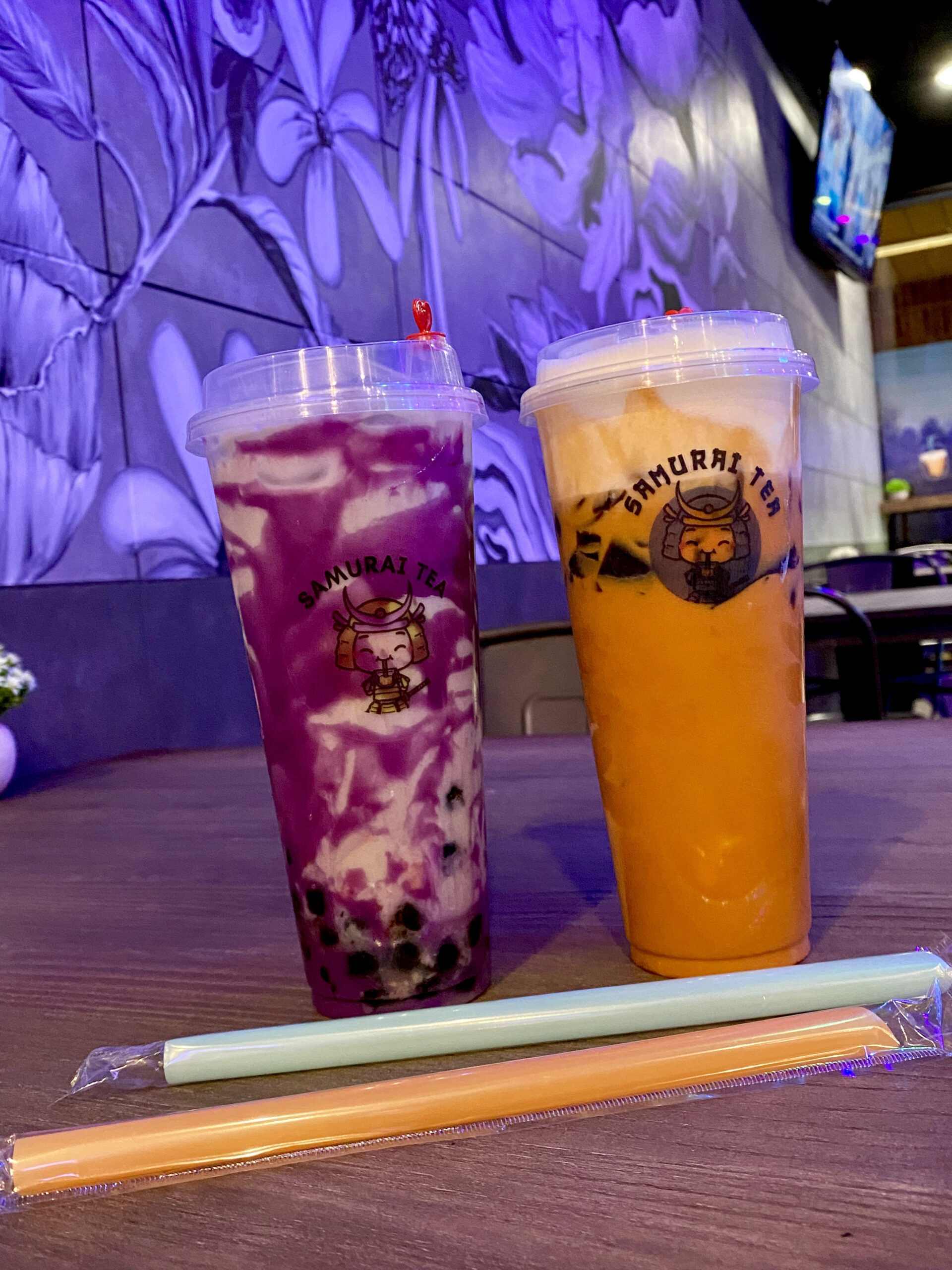 “Sasuke” Ube Swirl Taro Milk Tea and Thai Milk Tea with Cheese Foam and ...